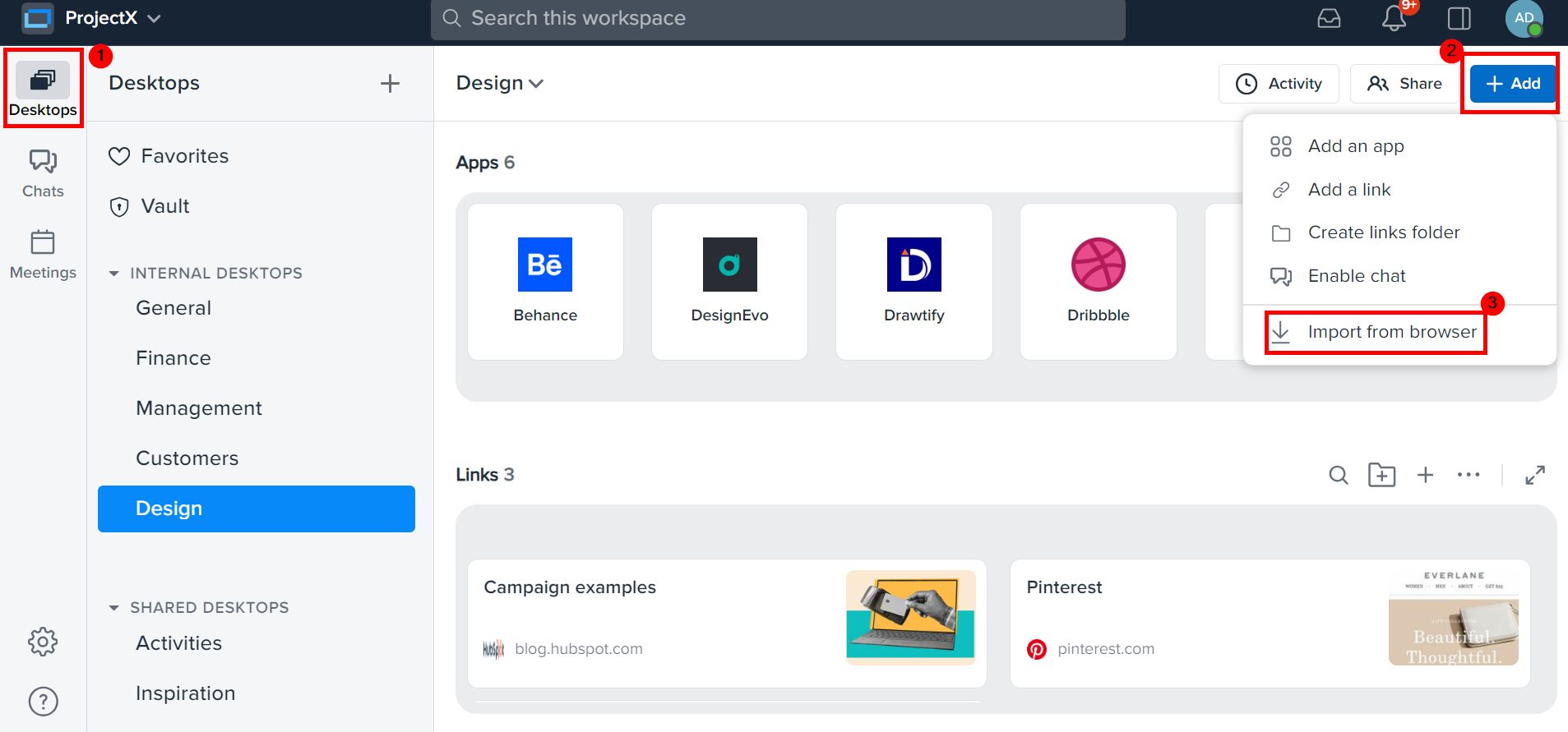 How to import apps from a browser to a desktop | Support | Webtop.com